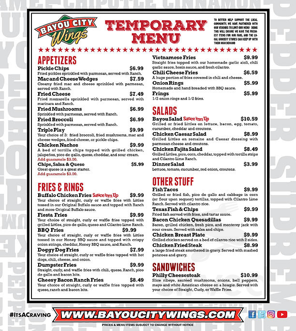 Menu - Baytown TX's Bayou City Wings | Sirved