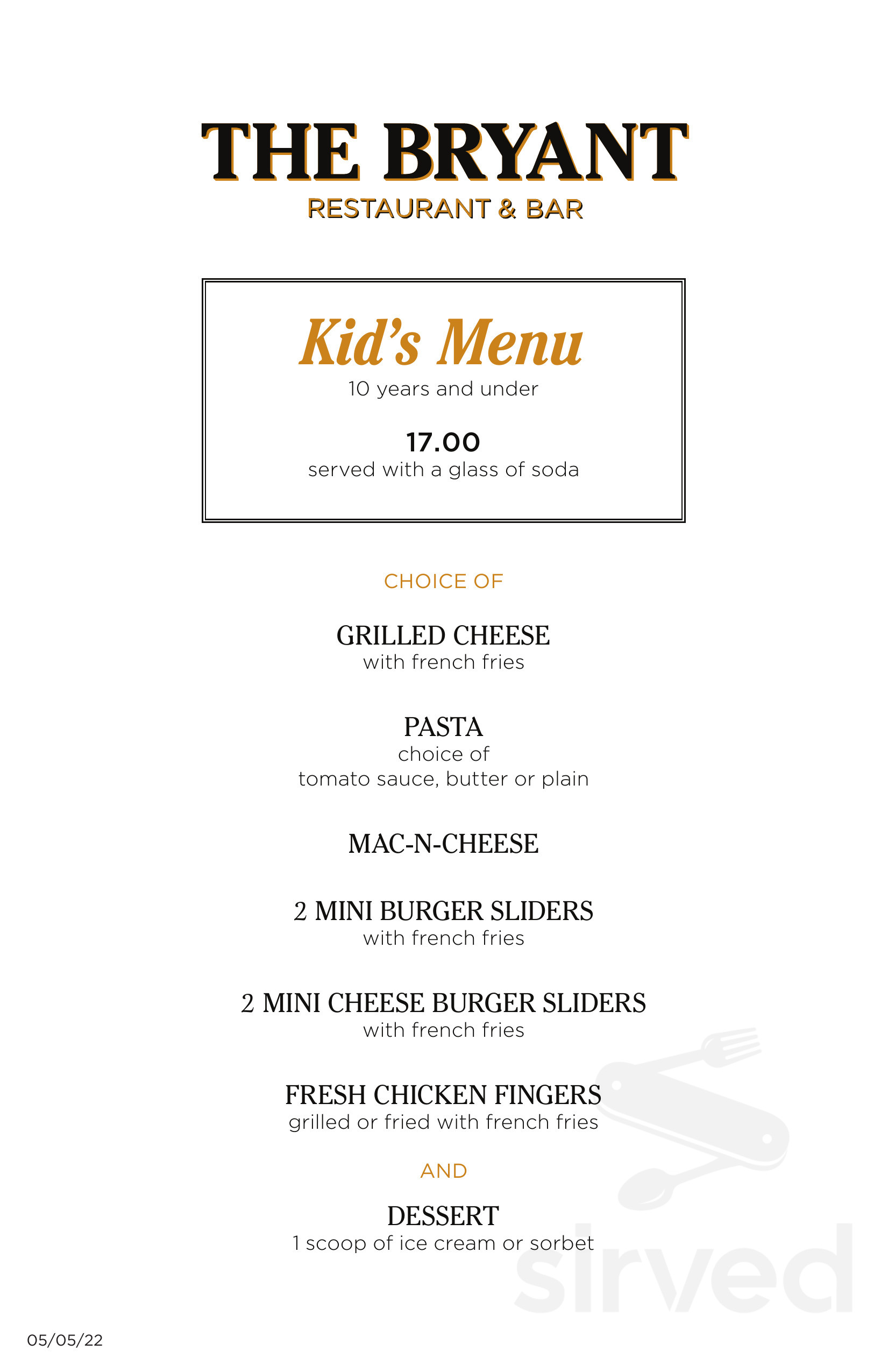 The Bryant menu in Huntington Station, New York, USA