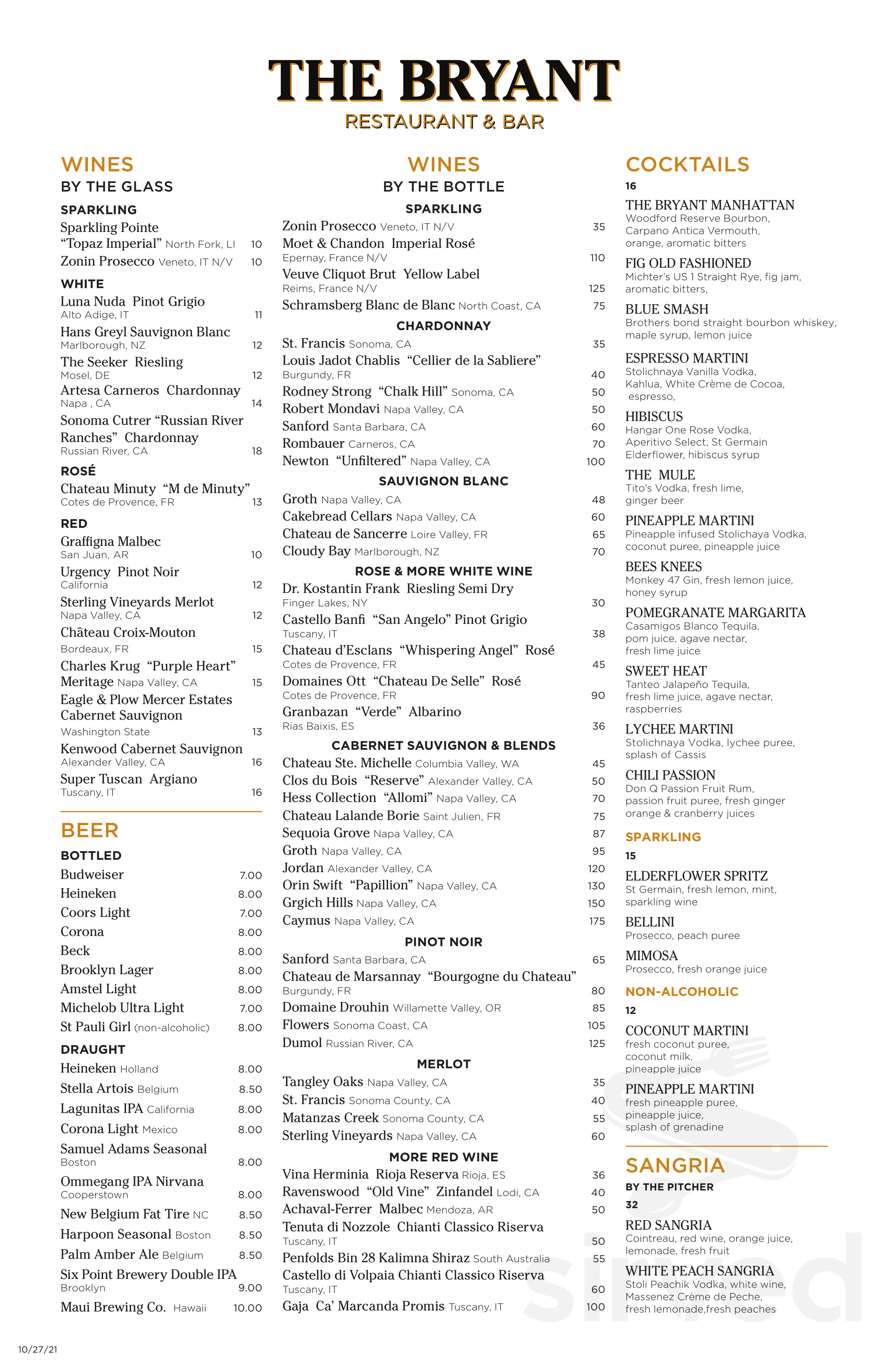 The Bryant menu in Huntington Station, New York, USA