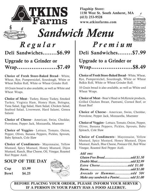 Atkins Farms Bakery menu in Amherst, Massachusetts, USA