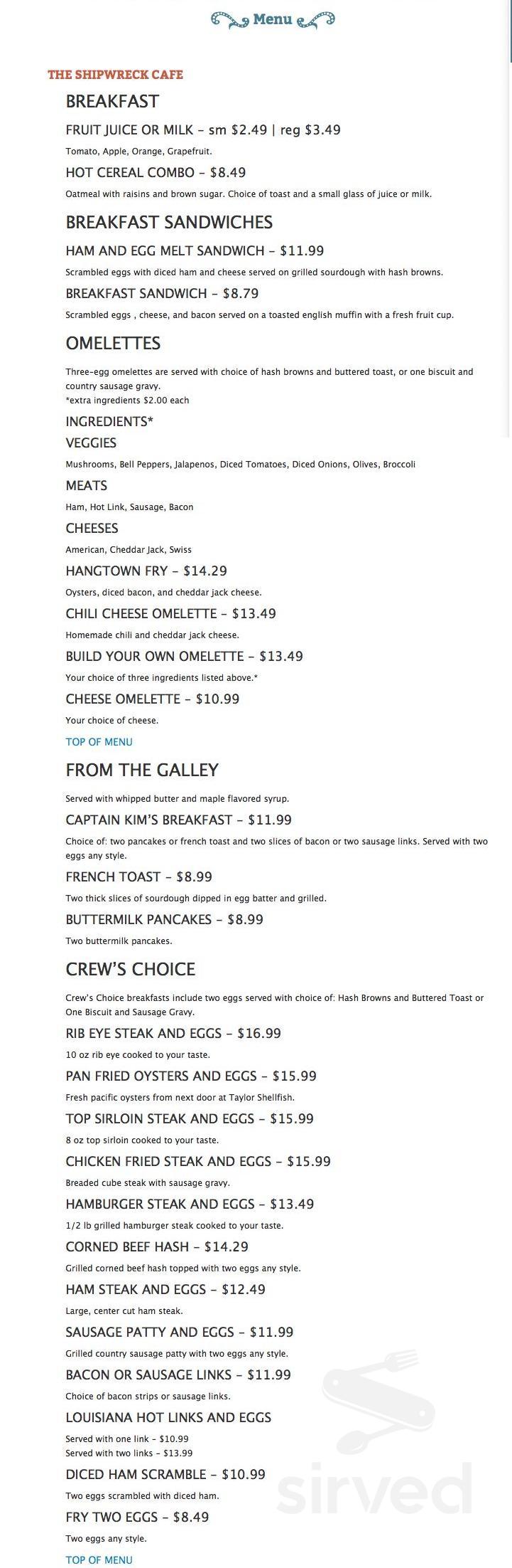 Shipwreck Cafe menu in Olympia, Washington, USA