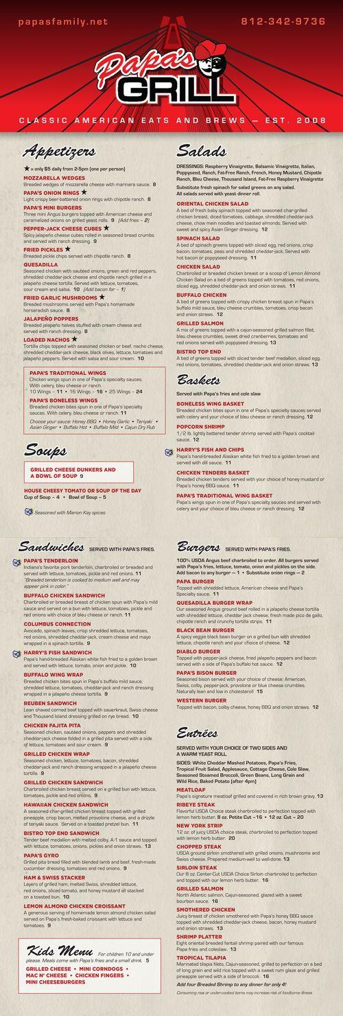 Papa's Grill menu in Columbus, Indiana, USA