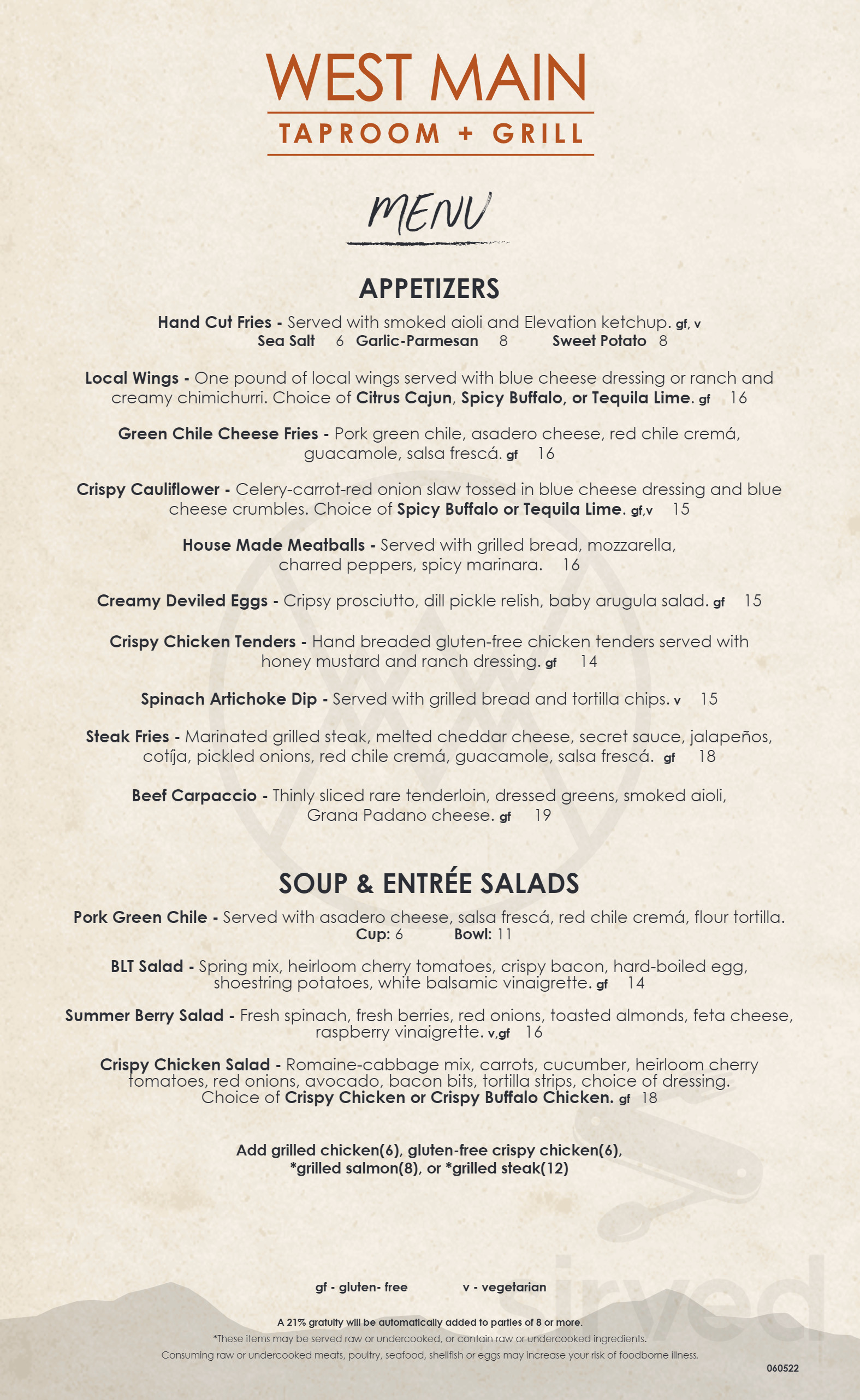 West Main Taproom + Grill menu in Parker, Colorado, USA
