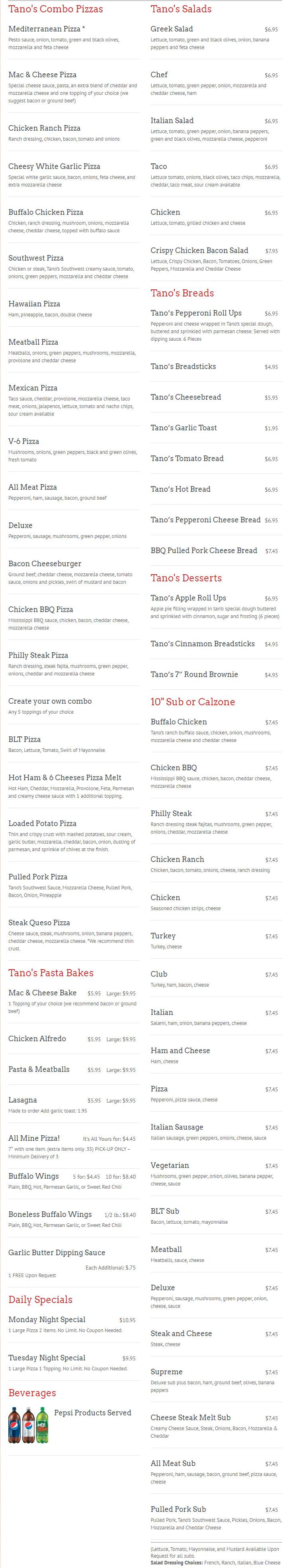 Tano's Pizza menu in Swanton, Ohio, USA