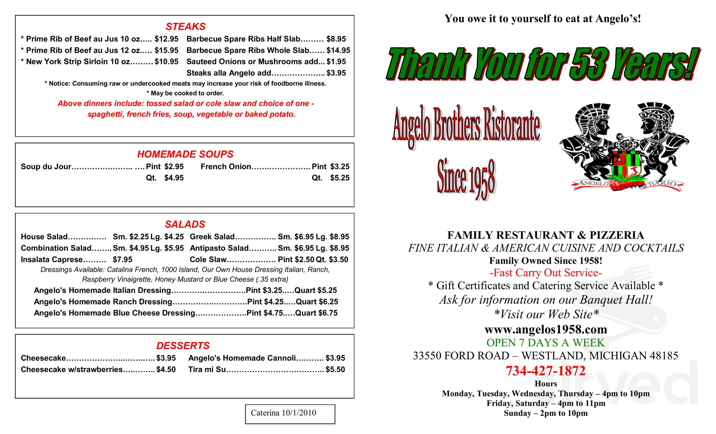 Angelo Brothers Ristorante & Banquet Hall menu in Westland, Michigan, USA