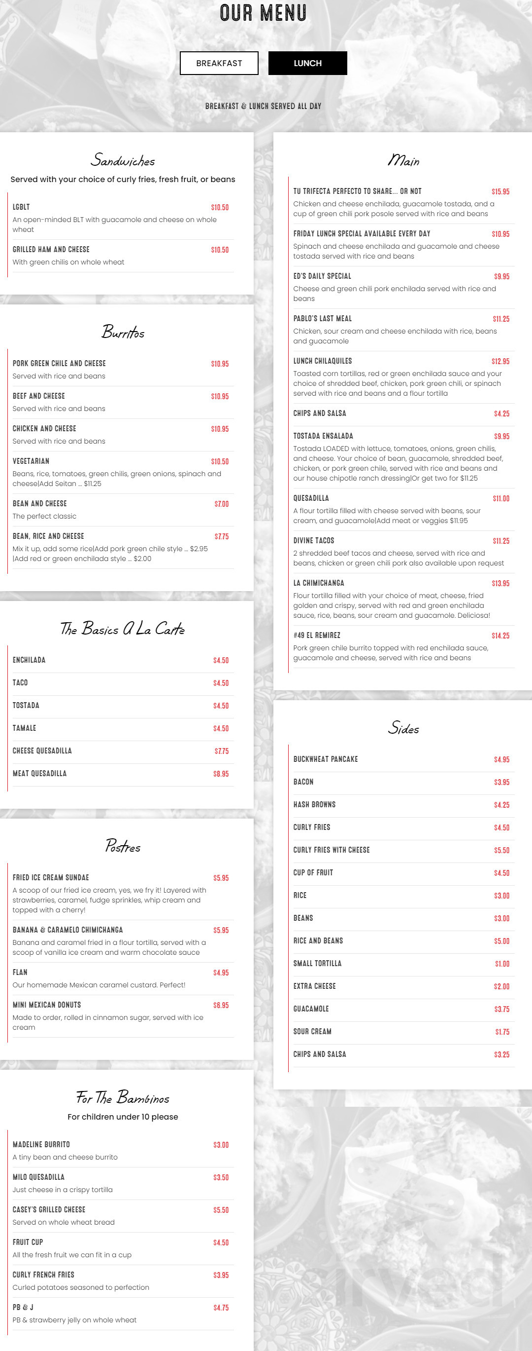 Menu - Flagstaff AZ's MartAnnes Burrito Palace | Sirved