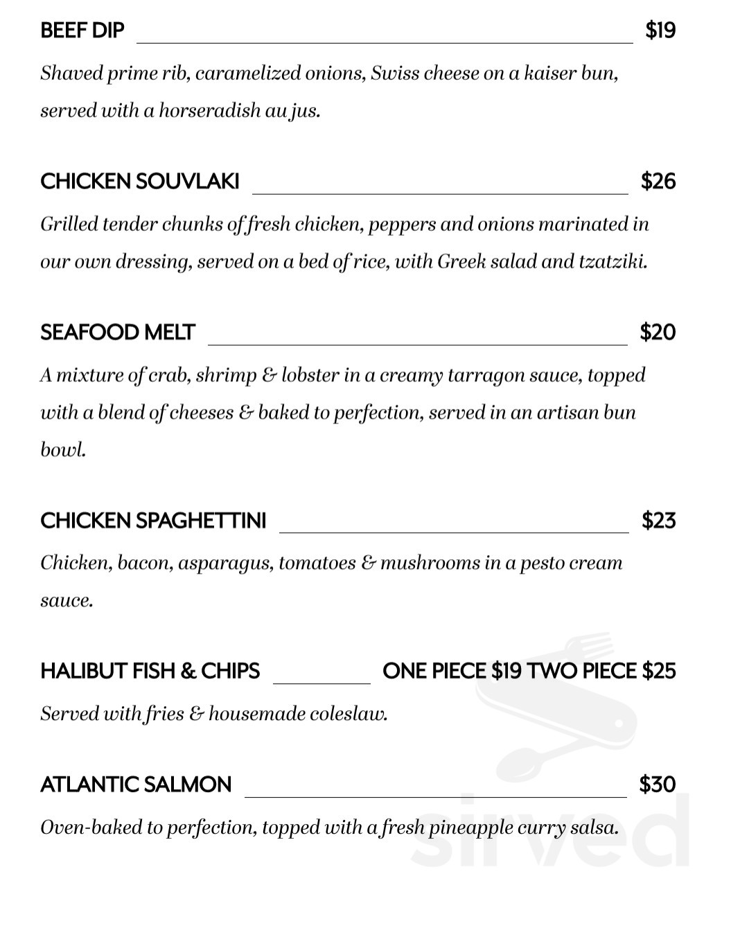 Big Fish Steak & Lounge menu in Sarnia, Ontario, Canada