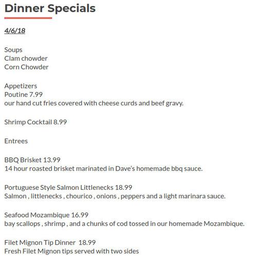 Family Ties menu in Tiverton, Rhode Island, USA