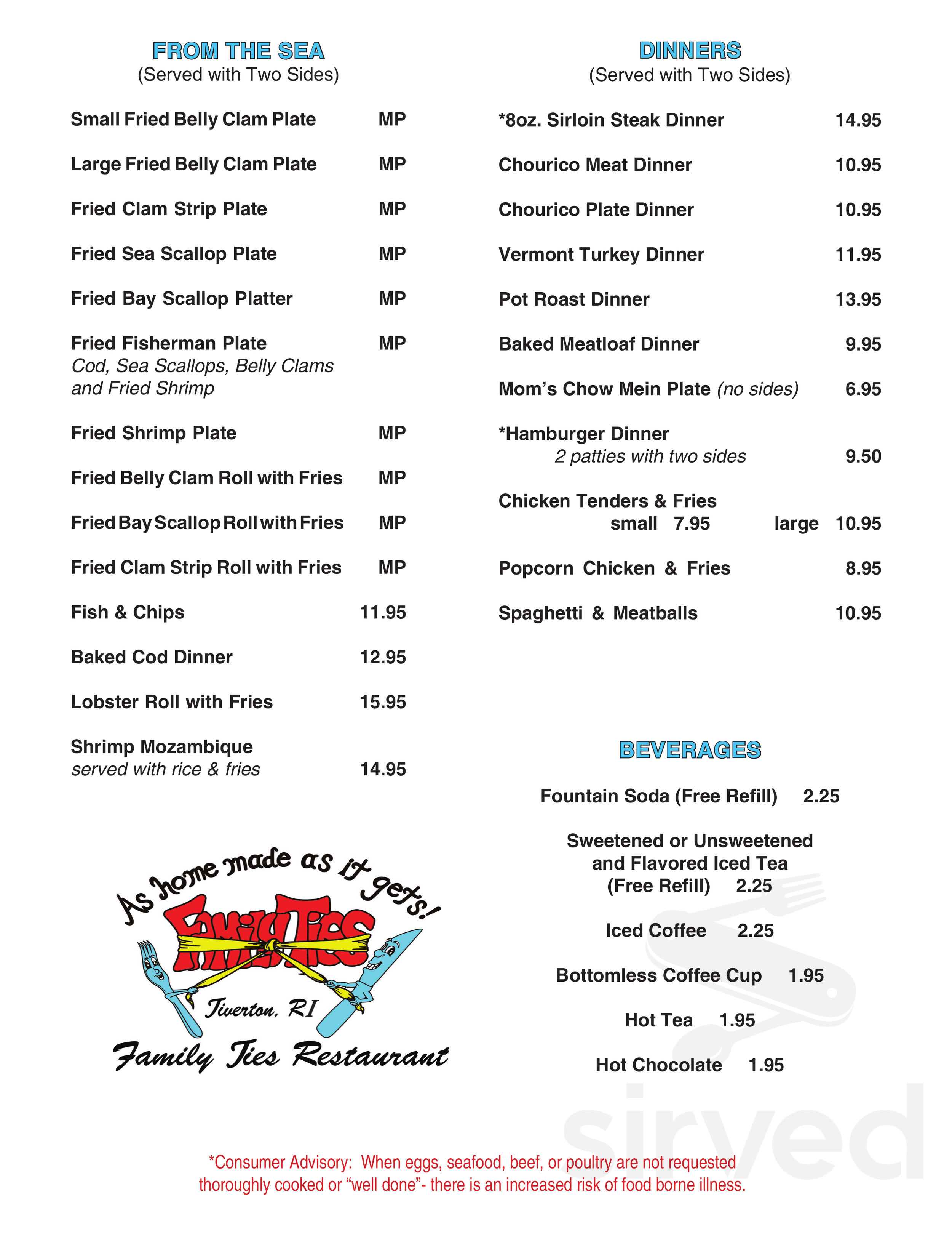 Family Ties menu in Tiverton, Rhode Island, USA