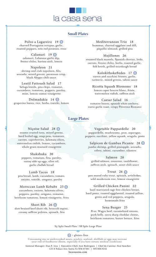 La Casa Sena menu in Santa Fe, New Mexico, USA