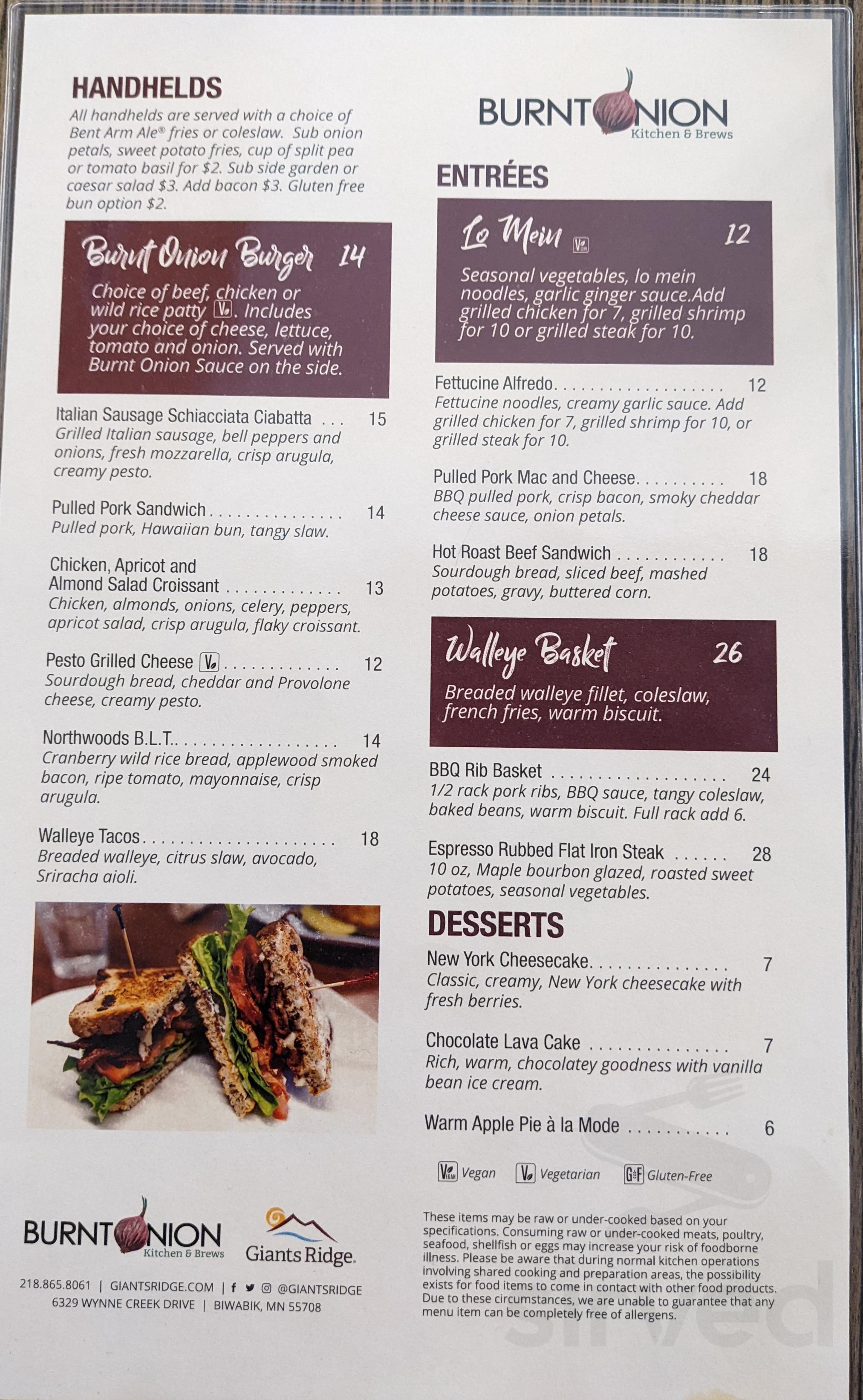 Menu for Burnt Onion Kitchen & Brews in Biwabik, Minnesota, United States
