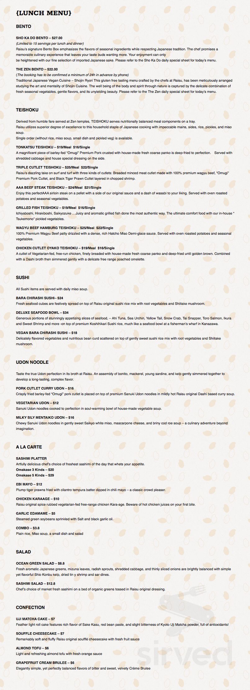 Raisu menu in Vancouver, British Columbia, Canada