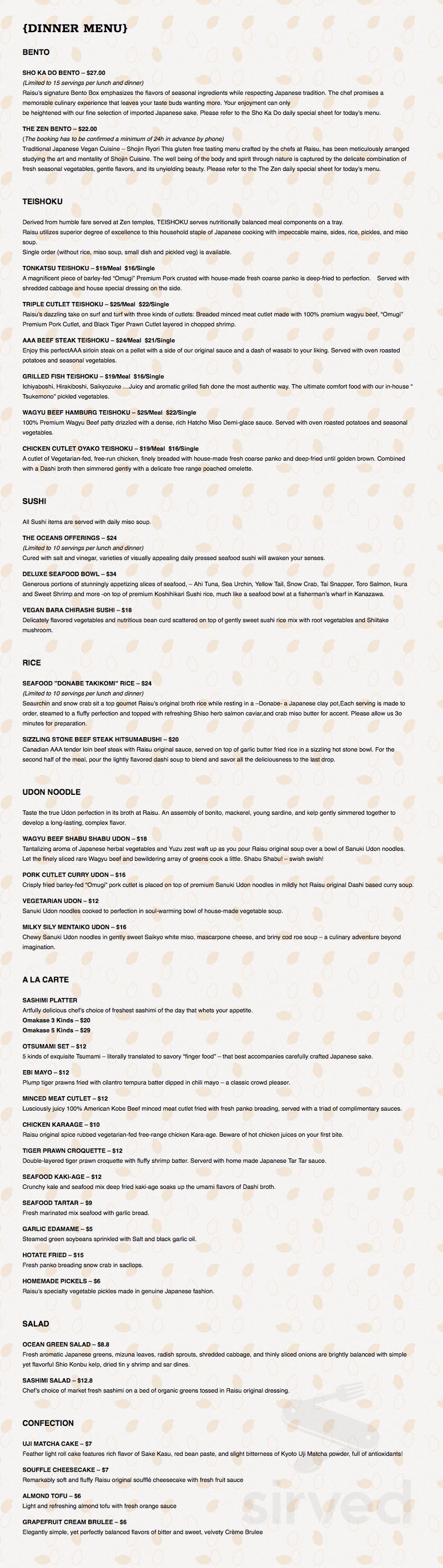 Raisu menu in Vancouver, British Columbia, Canada