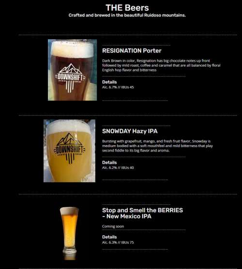 Downshift Brewing Company (Hidden Tap) menu in Ruidoso, New Mexico, USA