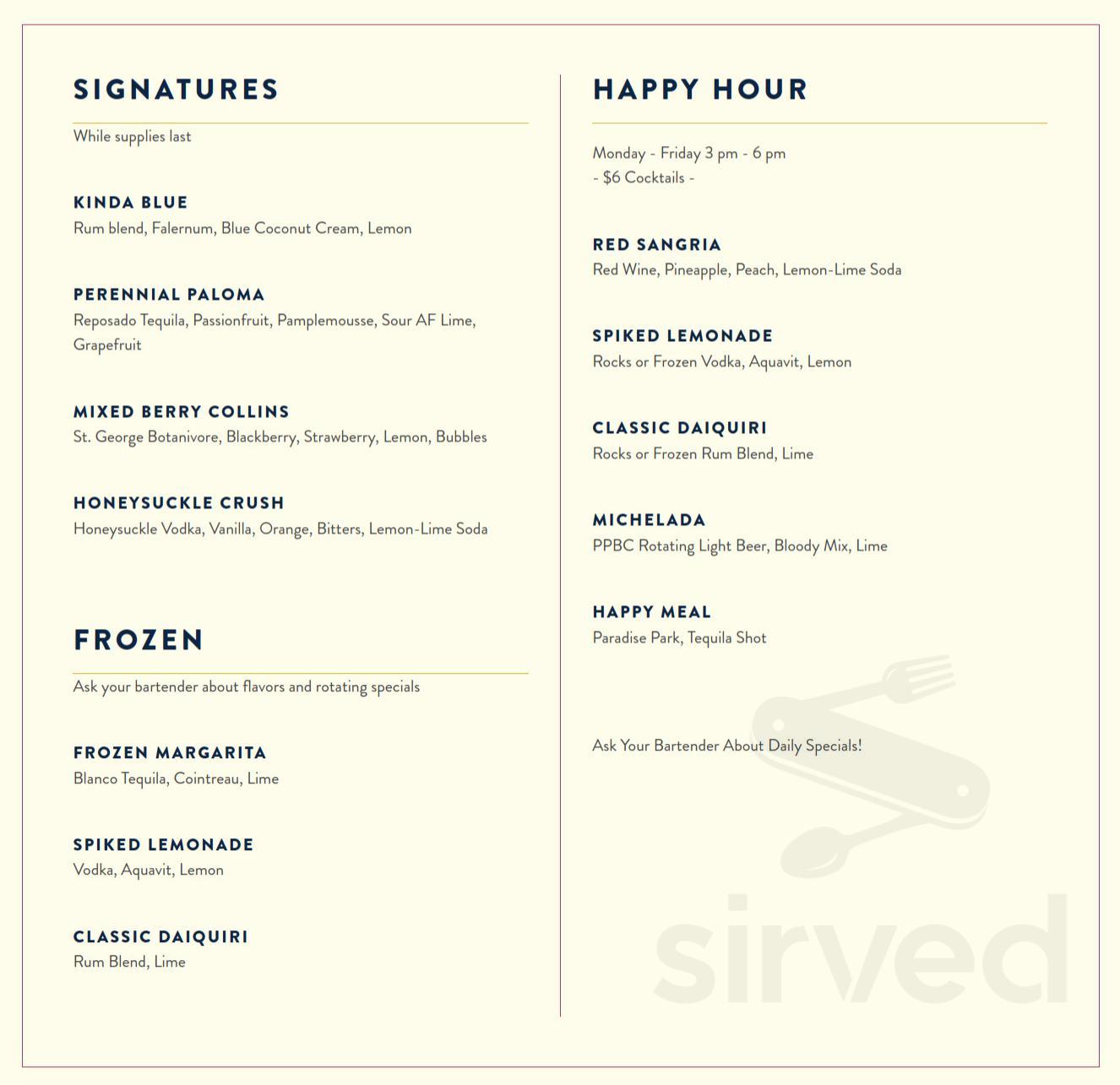 Perennial Patio Bar menu in Pensacola, Florida, USA