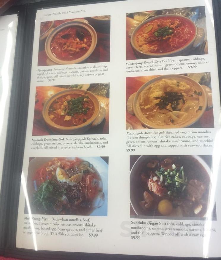 The Crazy Noodle menu in Memphis, Tennessee, USA