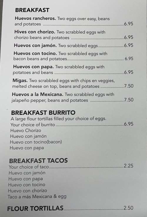 Taqueria chuy menu in Houston, Texas, USA