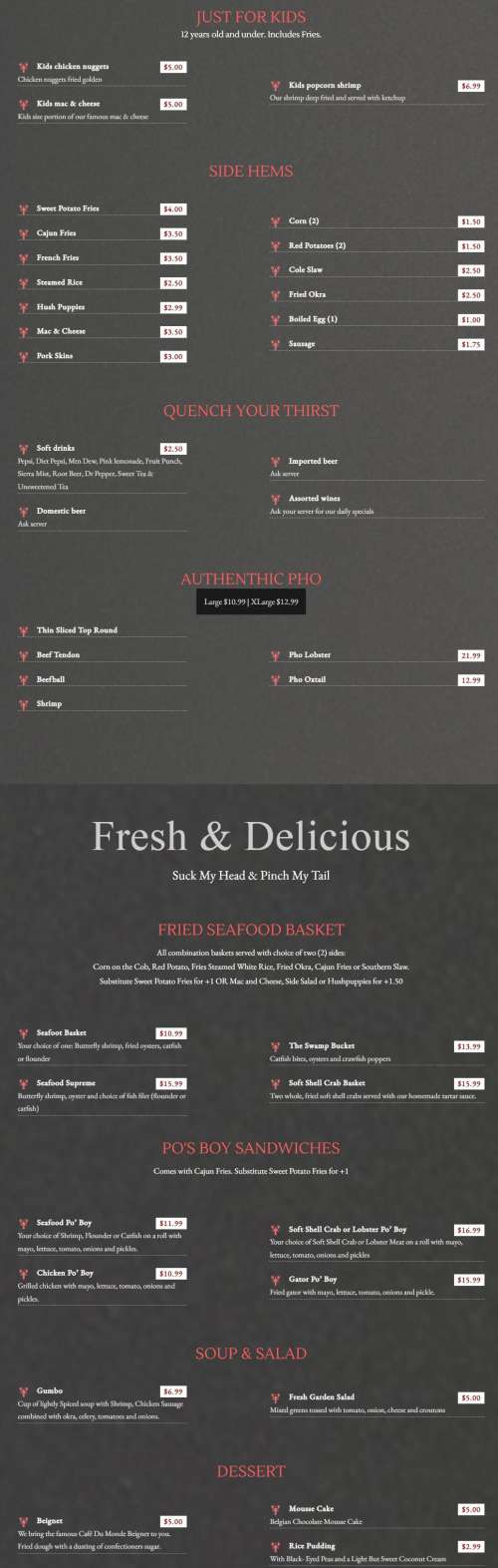 Smithfield Seafood Restaurant menu in Smithfield, North Carolina, USA