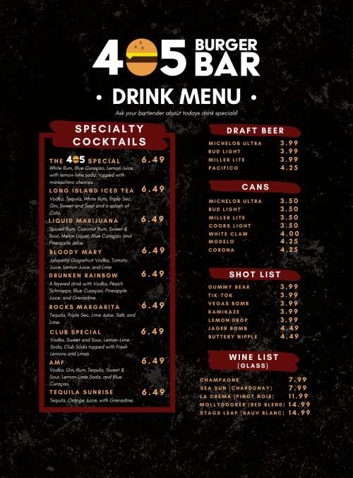 405 Burger Bar menu in Norman, Oklahoma, USA