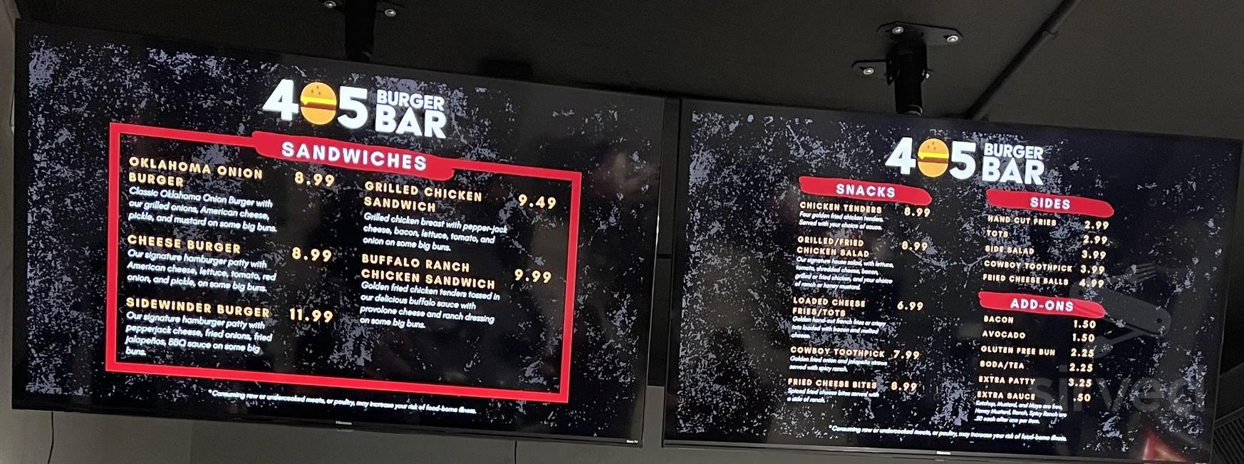 405 Burger Bar menu in Norman, Oklahoma, USA