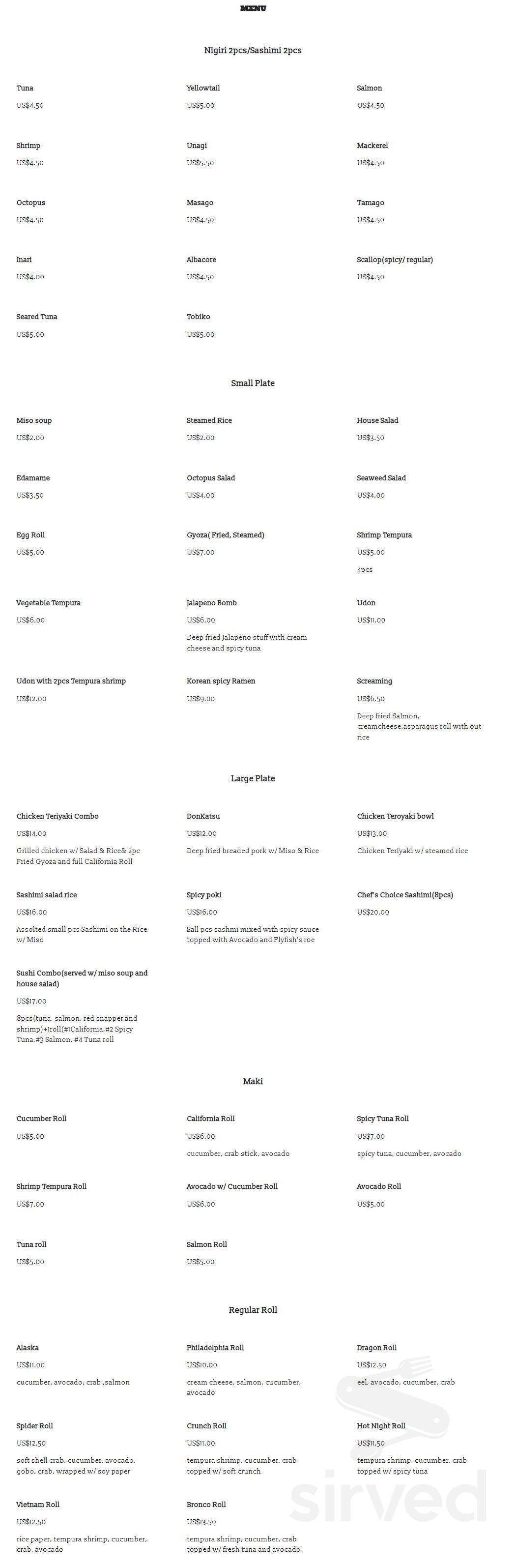 Oh Sushi menu in Des Moines, Iowa, USA
