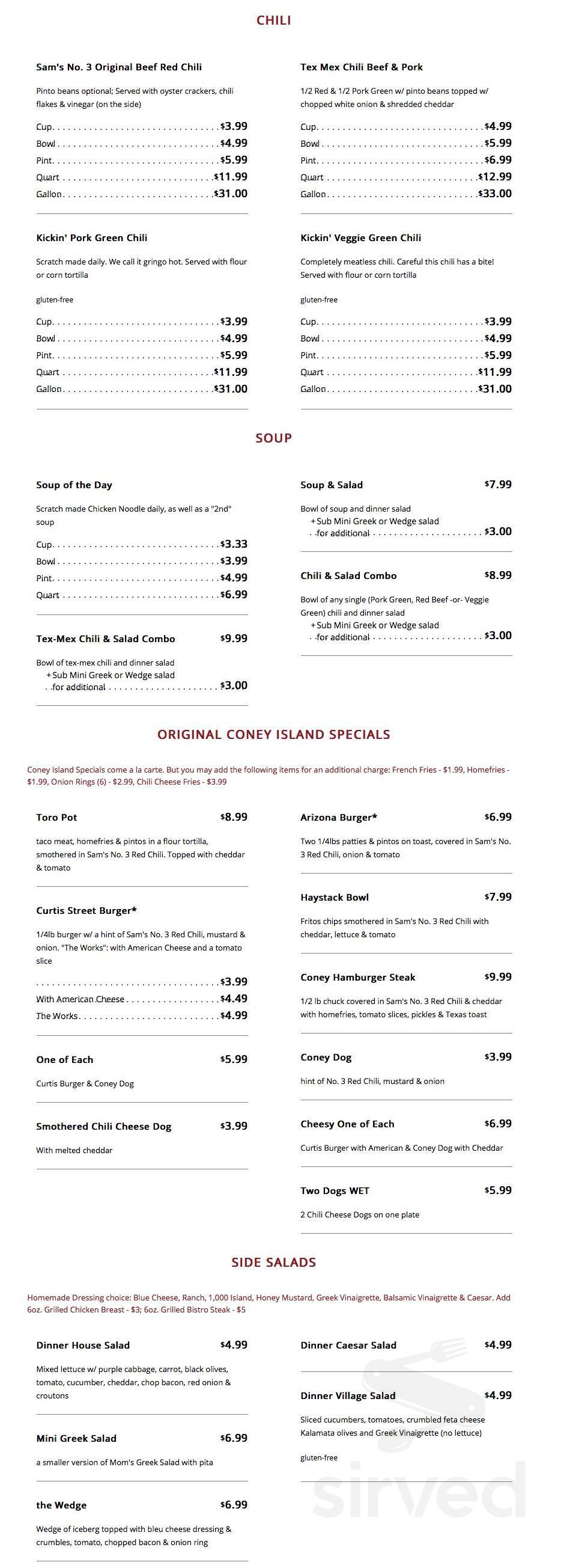 Sam's No. 3 Downtown menu in Denver, Colorado, USA