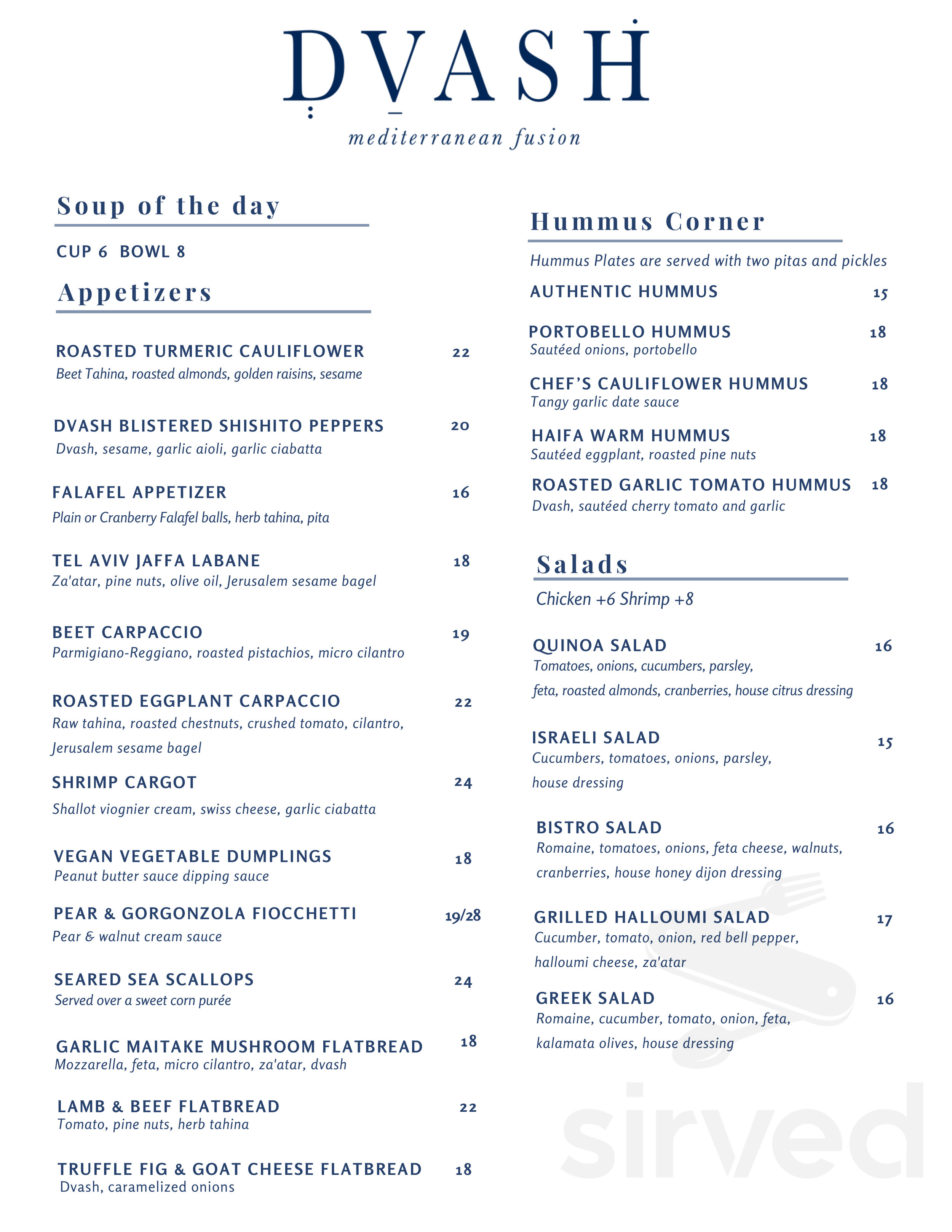 DVASH menu in Boca Raton, Florida, USA