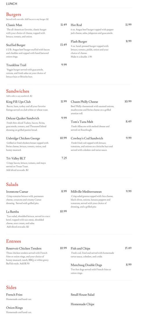 The Table Family Diner menu in Uxbridge, Massachusetts, USA