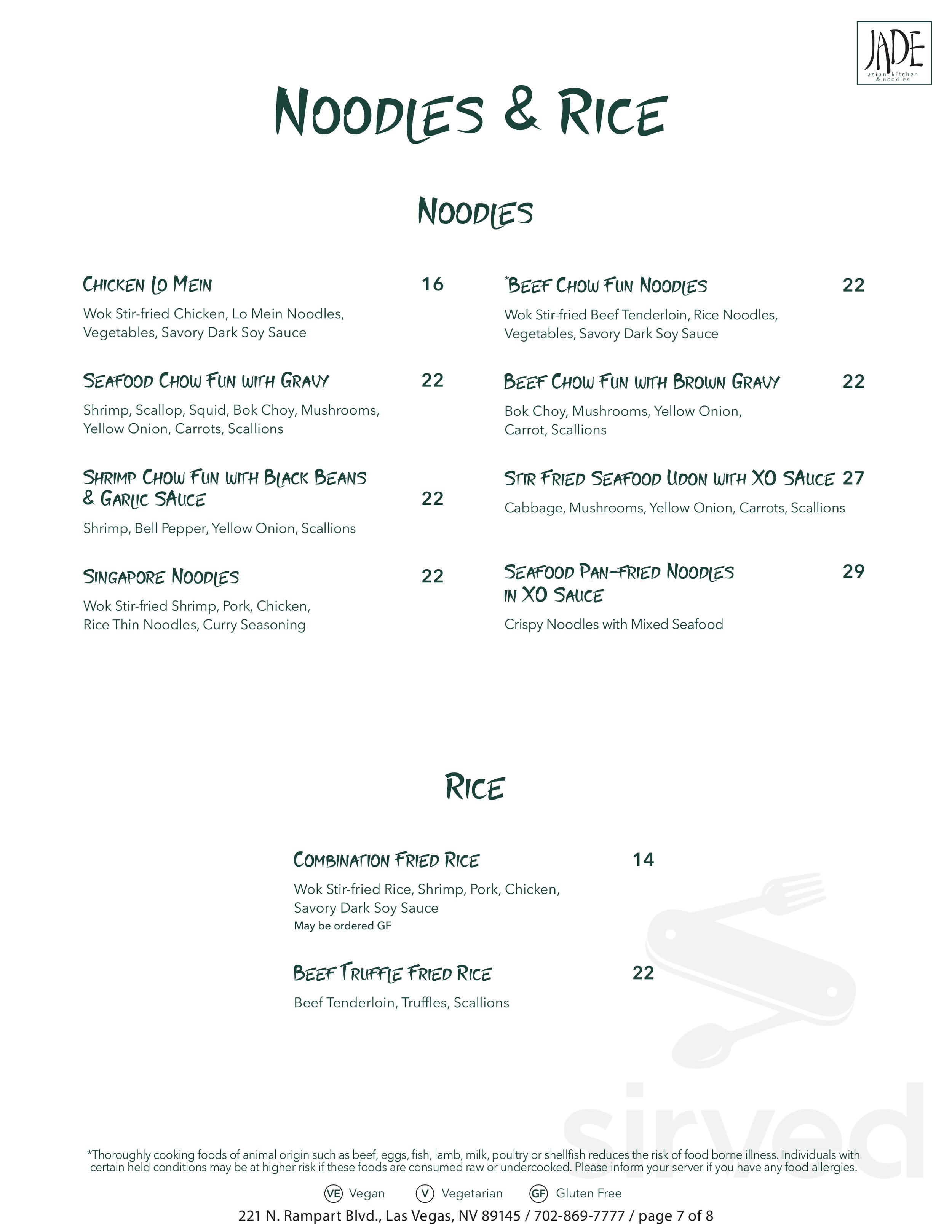 Jade Asian Kitchen & Noodles menu in Las Vegas, Nevada, USA