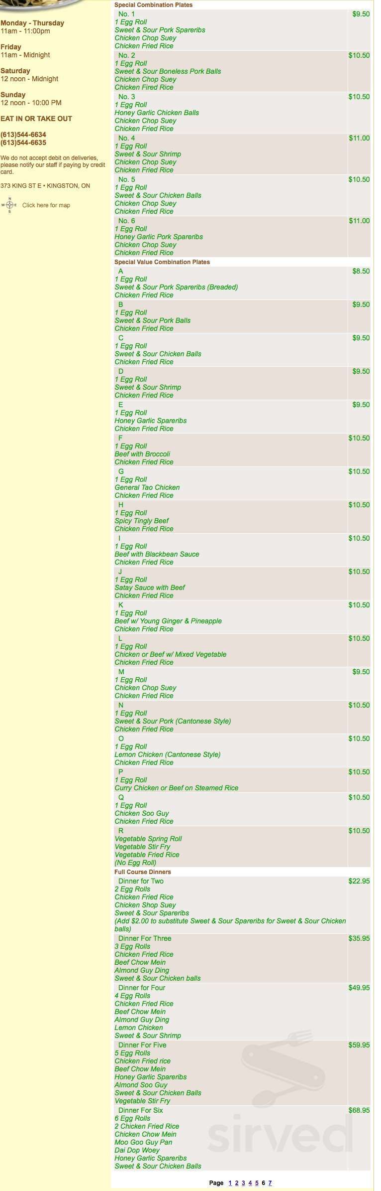 Silver Wok menus in Kingston, Ontario, Canada