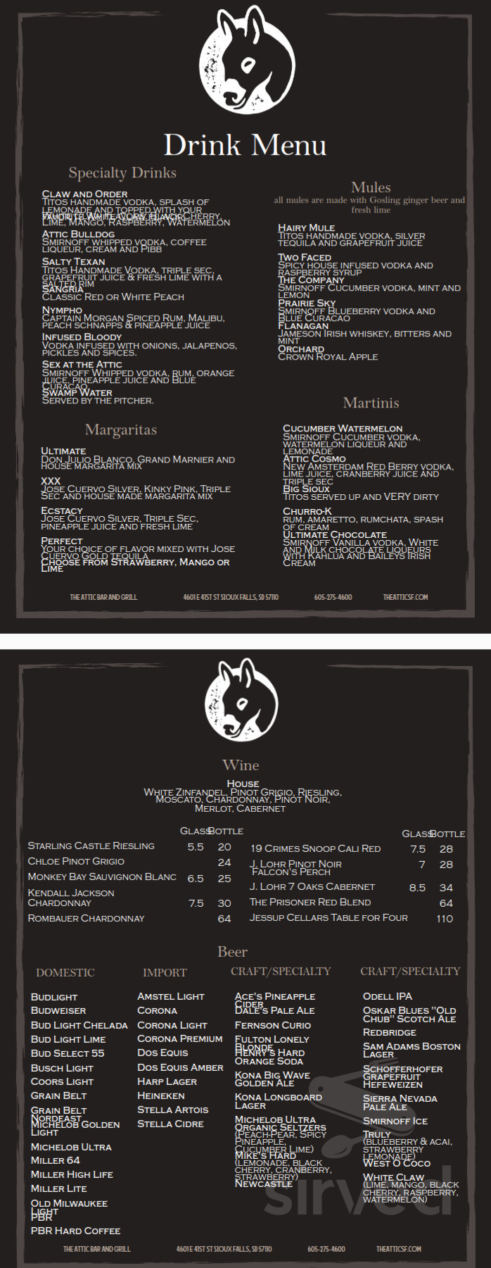 Menu for The Attic East Bar and Grill in Sioux Falls, SD | Sirved