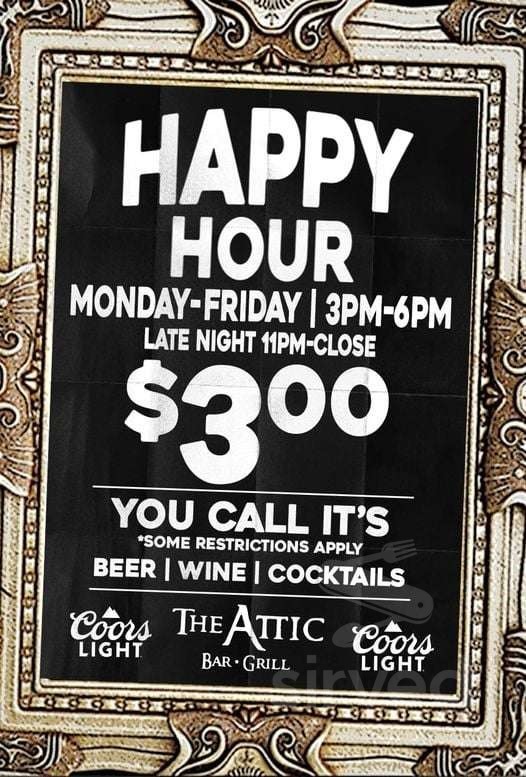 Menu for The Attic East Bar and Grill in Sioux Falls, SD | Sirved