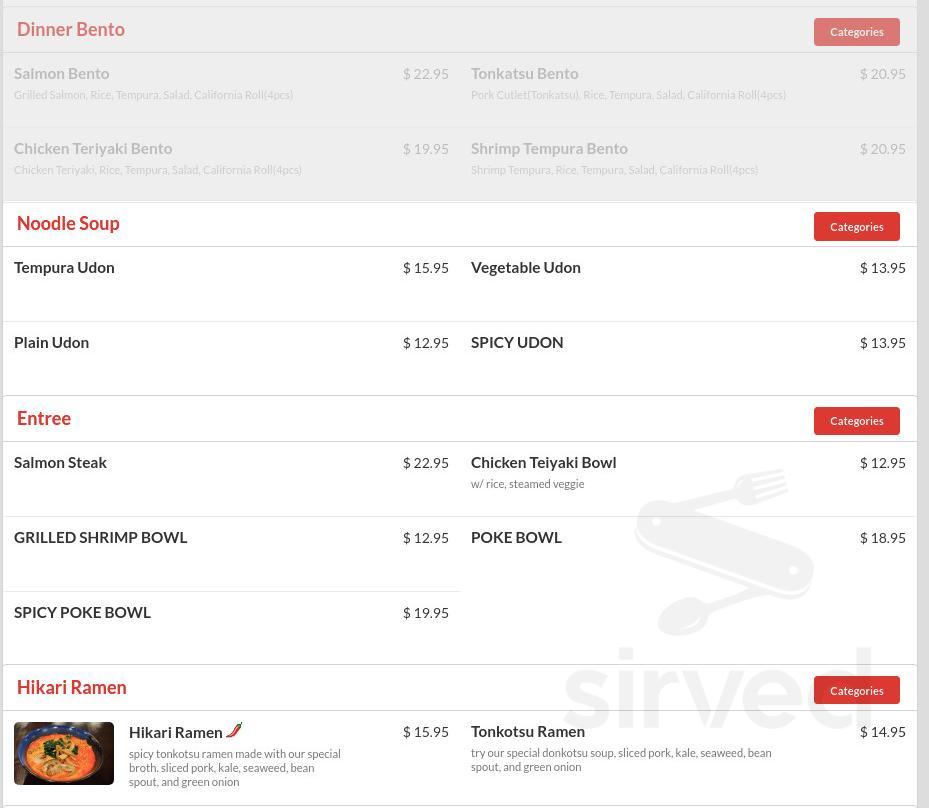 hikari sushi & ramen menu in Corona, California, USA