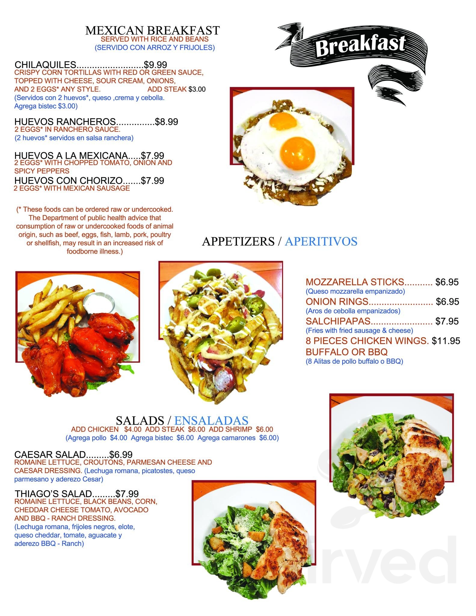 Thiago's Restaurant Mexican-American Food menu in Chicago, Illinois, USA