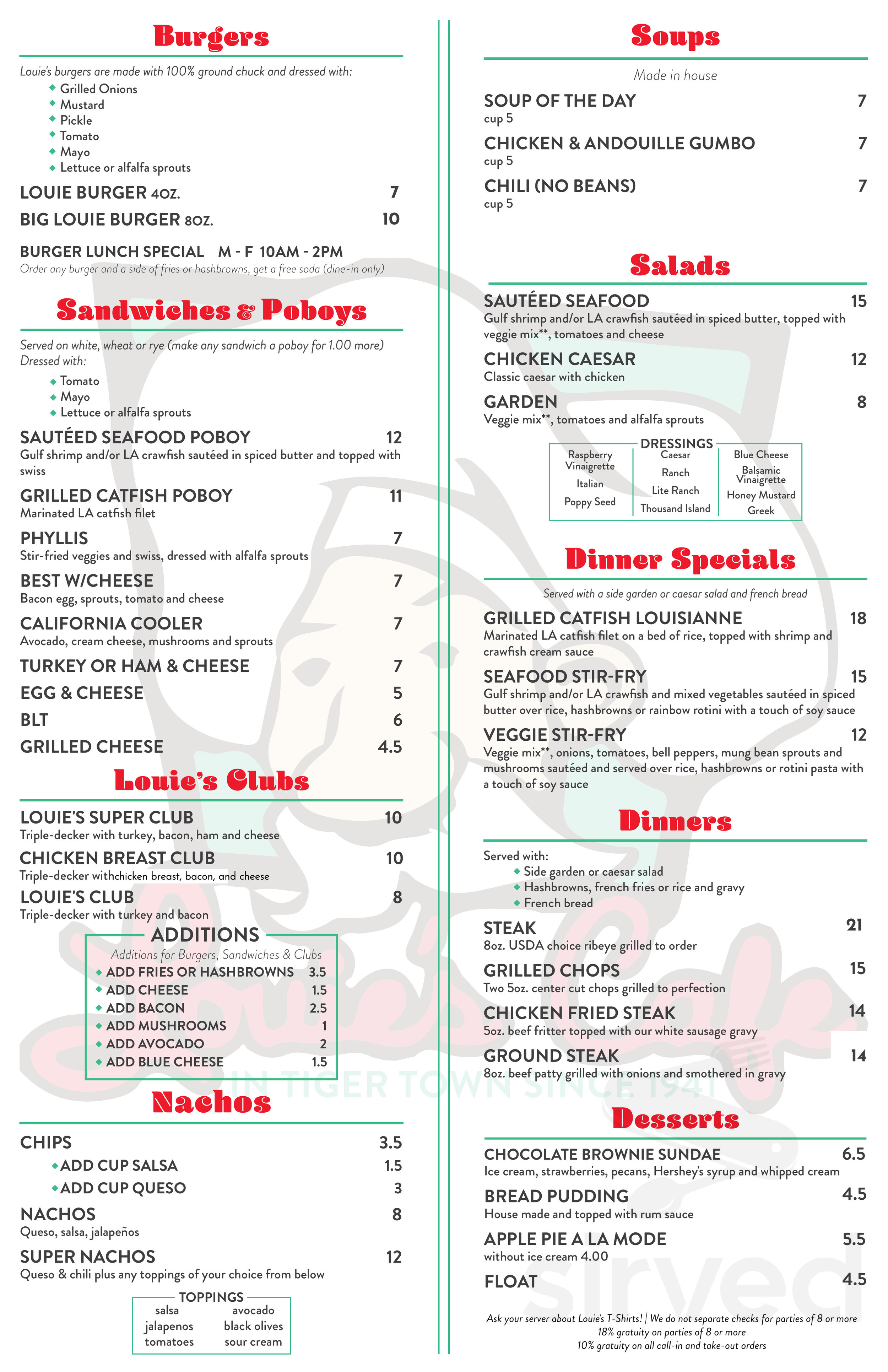 Menu for Louie's Cafe in Baton Rouge, LA | Sirved