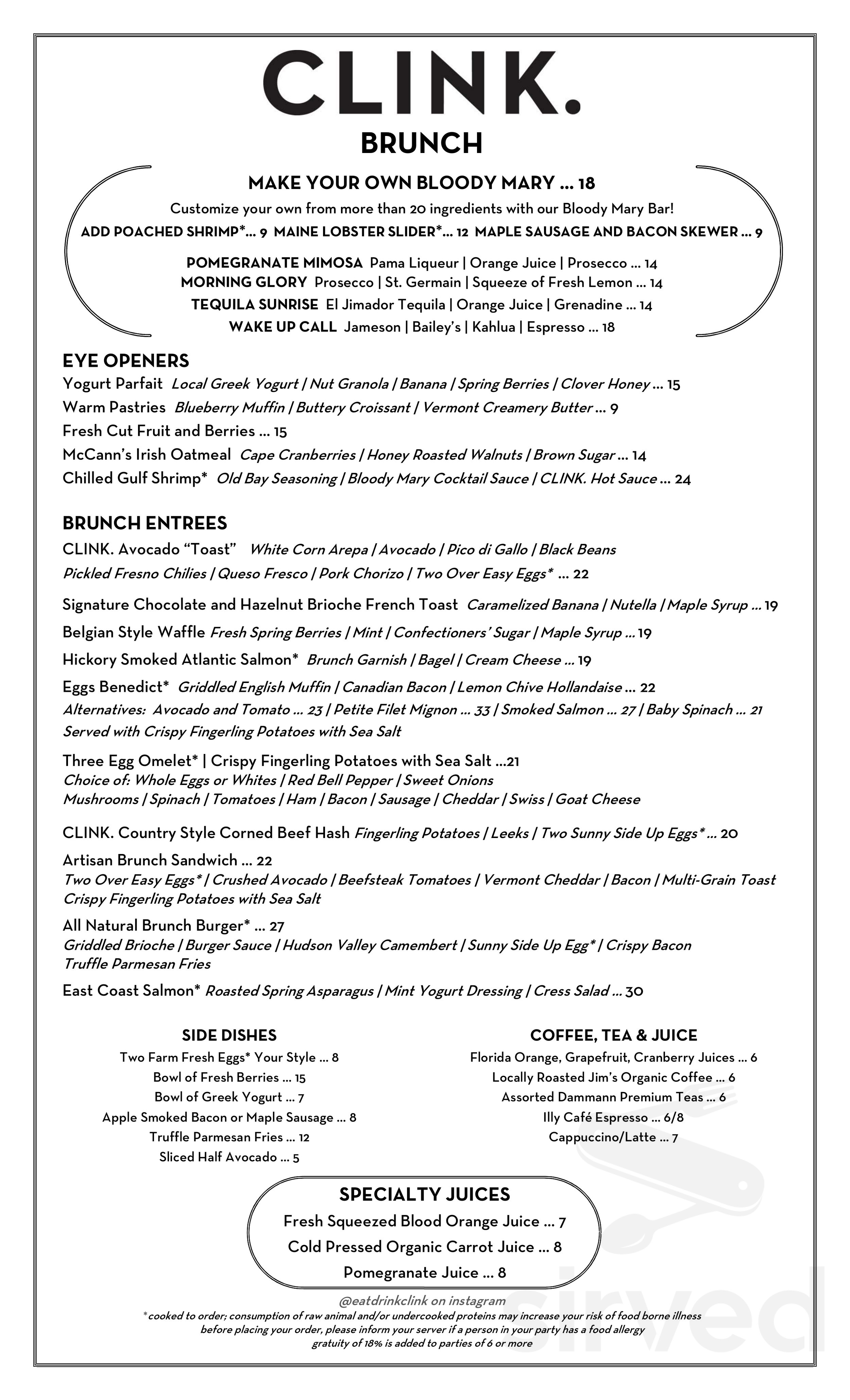 CLINK. and The Liberty Bar menu in Boston, Massachusetts, USA