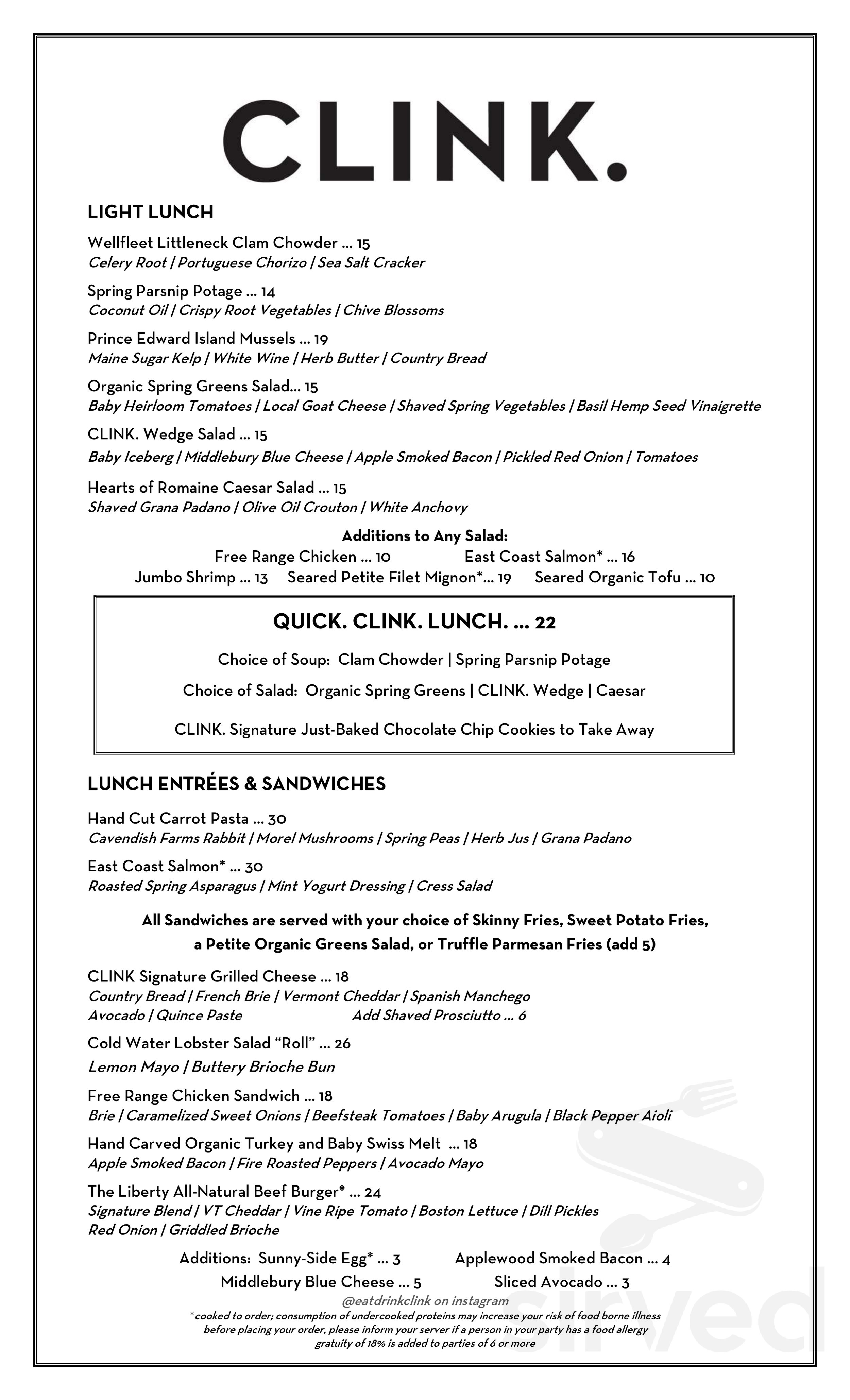 CLINK. and The Liberty Bar menu in Boston, Massachusetts, USA