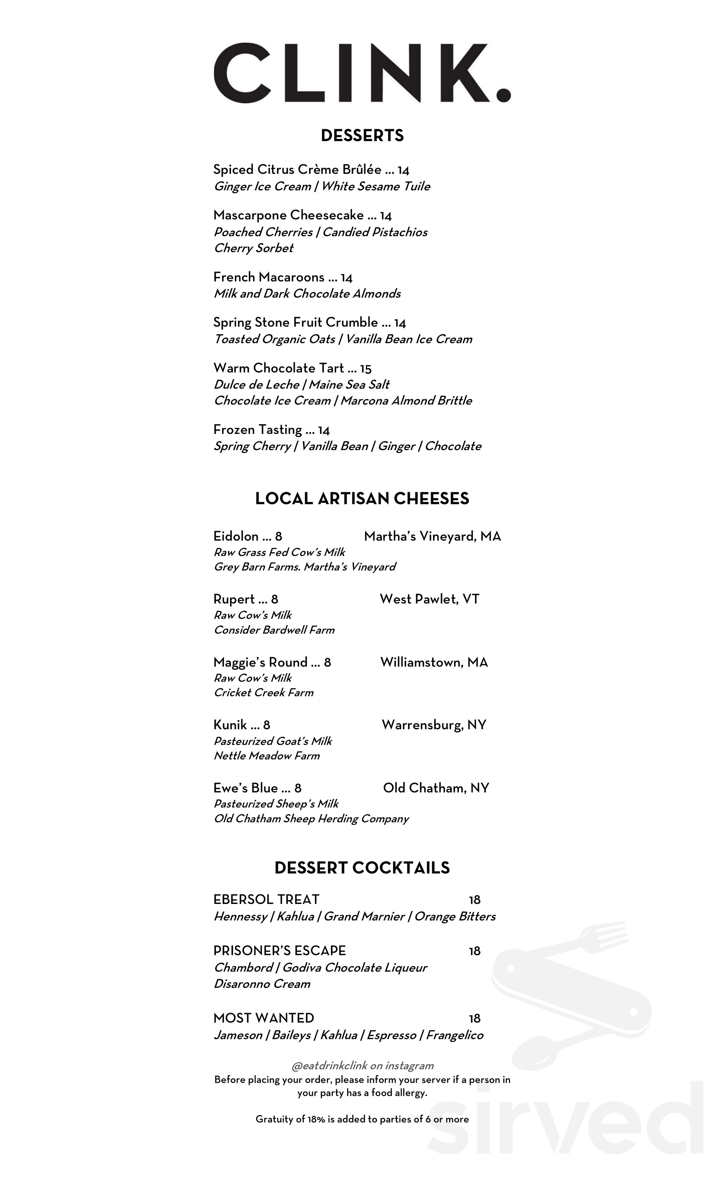 CLINK. and The Liberty Bar menu in Boston, Massachusetts, USA