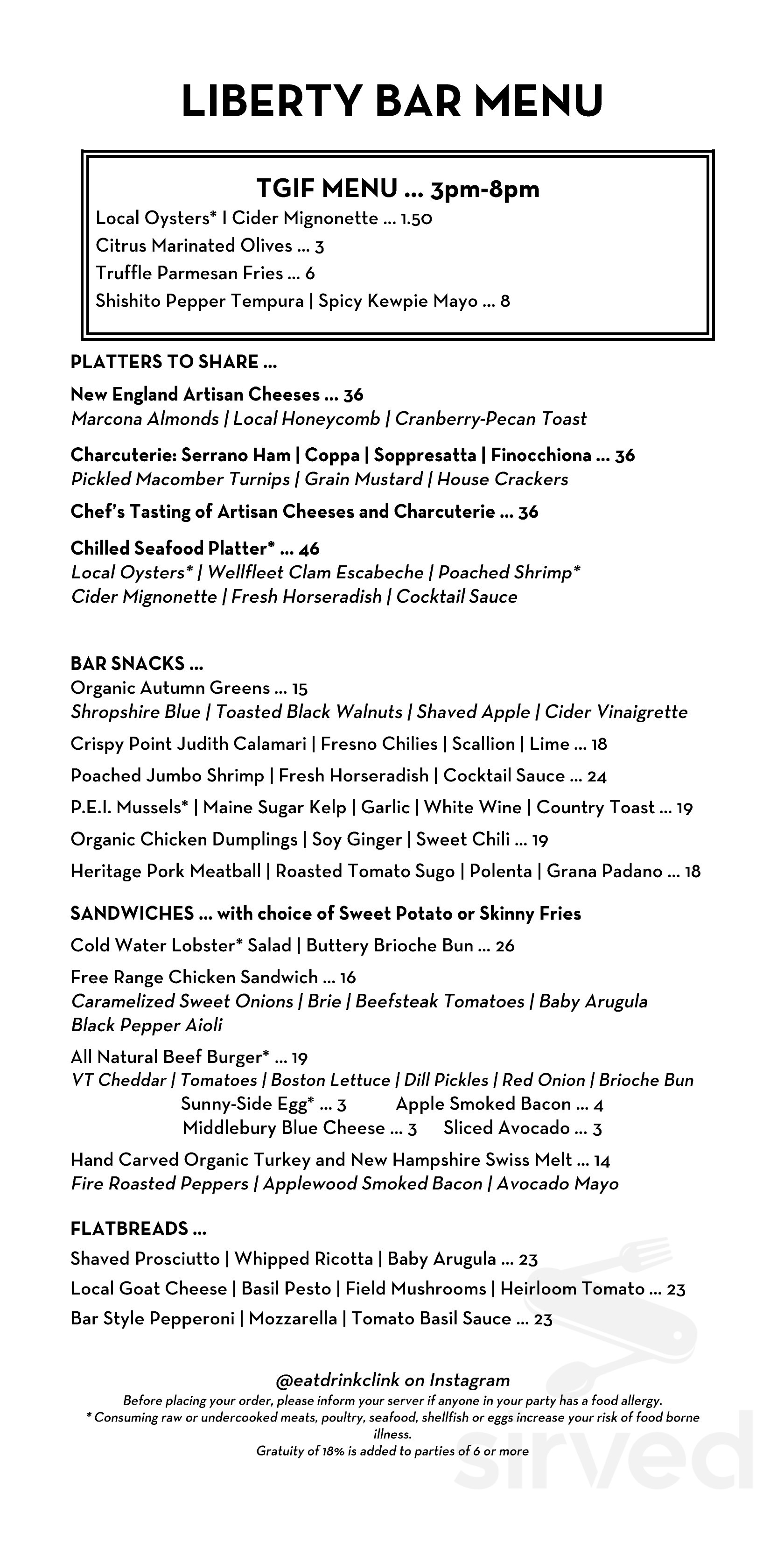 CLINK. and The Liberty Bar menu in Boston, Massachusetts, USA