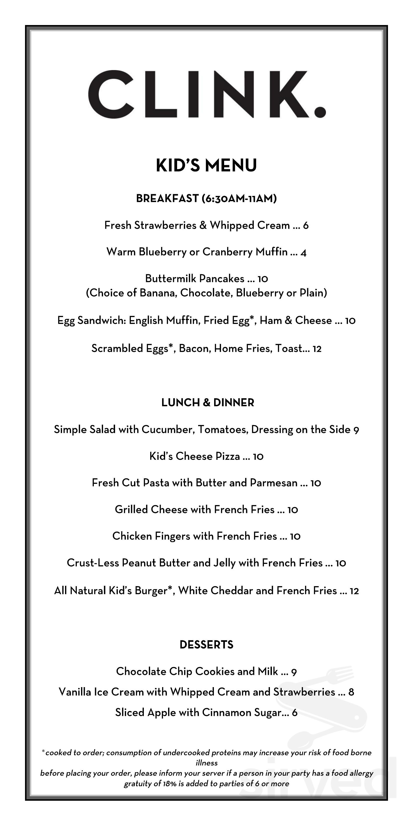 CLINK. and The Liberty Bar menu in Boston, Massachusetts, USA