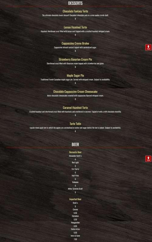 InFerno's Bistro menu in Winnipeg, Manitoba, Canada