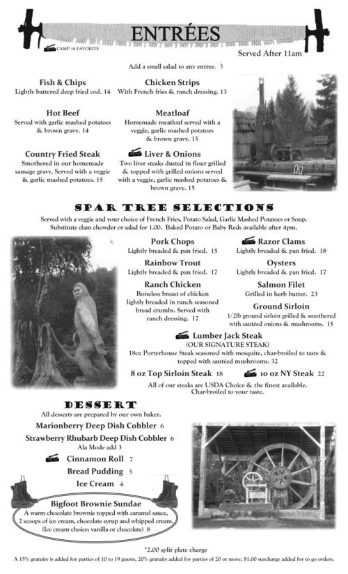 Camp 18 Restaurant menu in Seaside, Oregon, USA