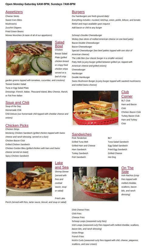 Schoop's Hamburgers menu in Monee, Illinois, USA