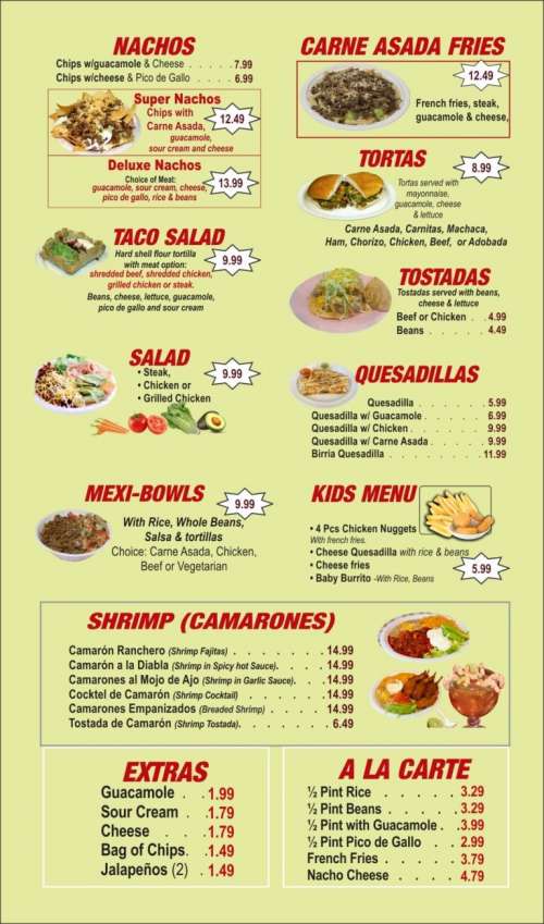 El Rancheros Mexican Food menu in West Sacramento, California, USA