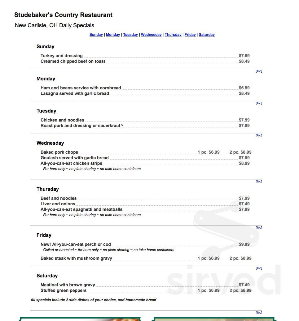 Menu for Studebaker's Country Restaurant in New Carlisle, OH | Sirved