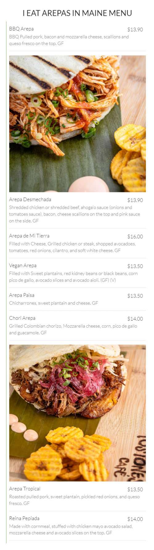 Tostones Café menu in Cape Elizabeth, Maine, USA