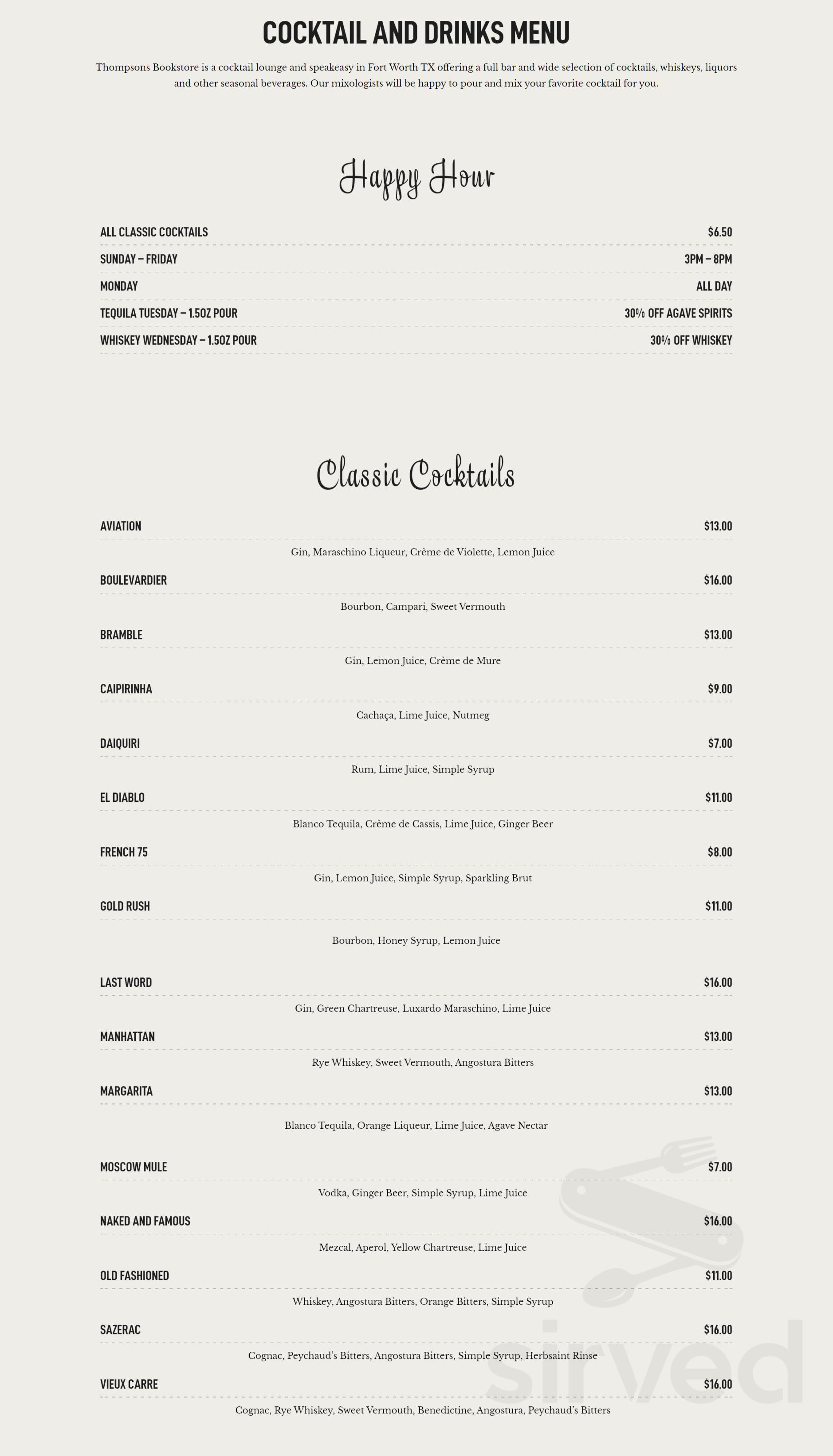 Menu - Fort Worth TX's Thompson’s Bookstore | Sirved