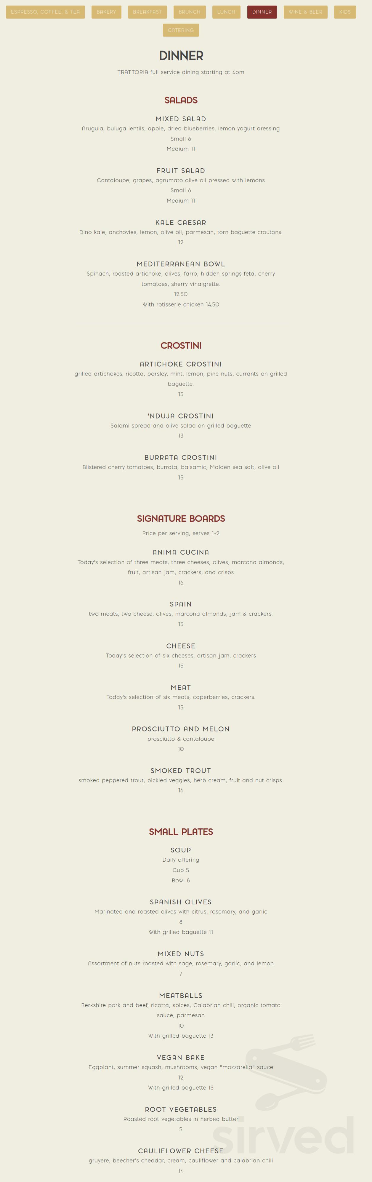 Anima Cucina menu in Bismarck, North Dakota, USA