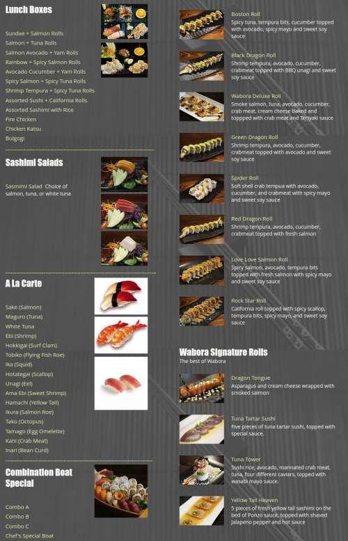 WABORA Asian Fusion Bistro menu in Boston, Massachusetts, USA