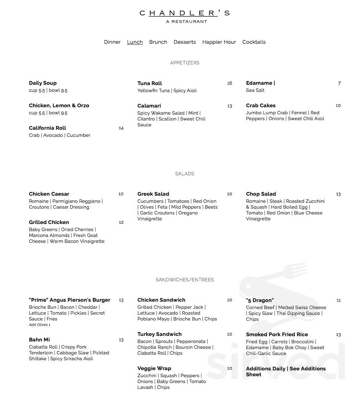 Chandler's menu in Petoskey, Michigan, USA